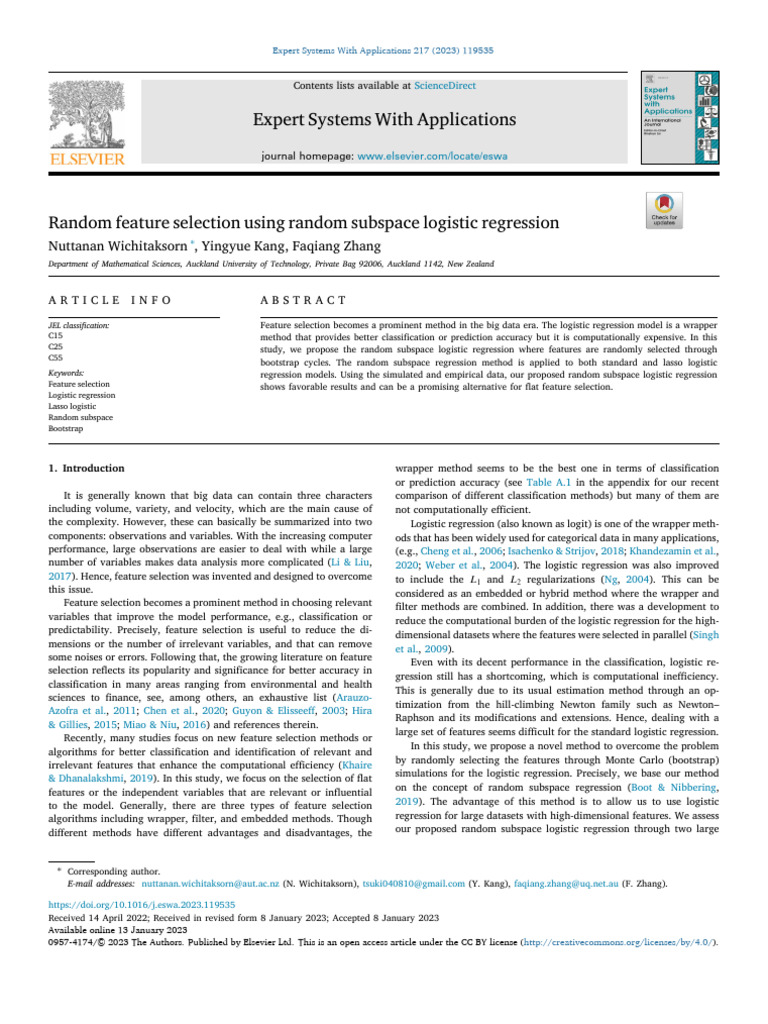 Random Feature Selection Using Random Subspace Logistic Regression ...