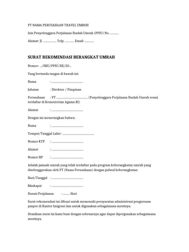 Surat Rekomendasi Umrah Resmi | PDF