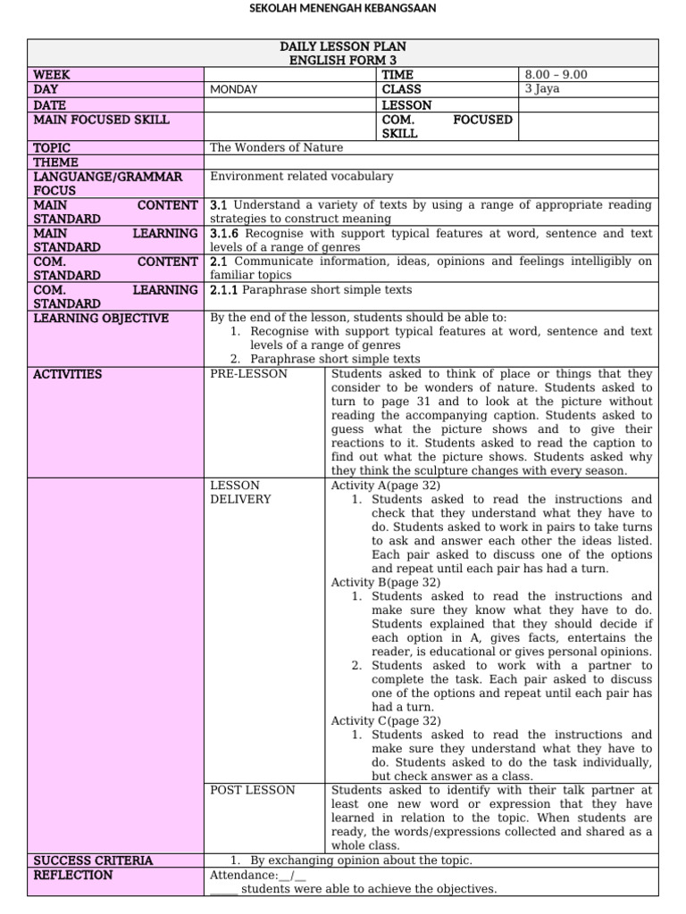 English Lesson Plan: Wonders of Nature | PDF | Lesson Plan | Grammar