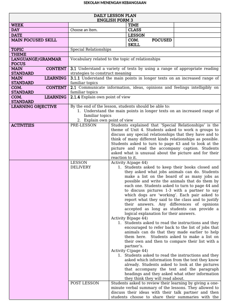 Special Relationships Lesson Plan | PDF | Lesson Plan | Learning