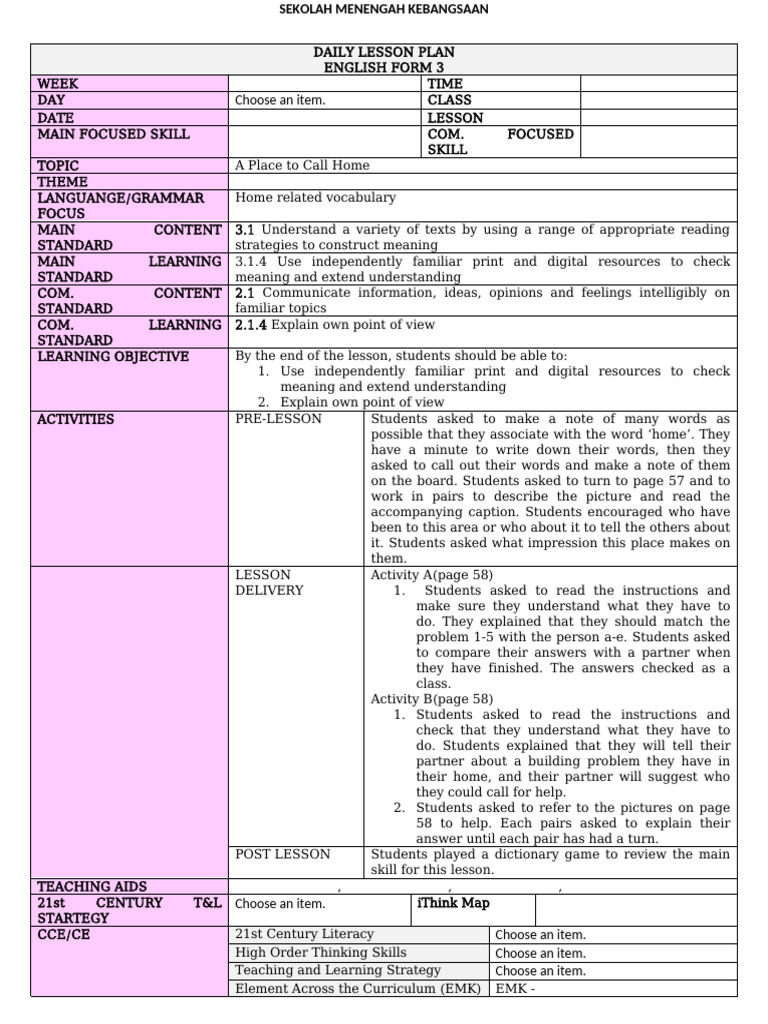 Unit 5 A Place To Call Home | PDF | Lesson Plan | Vocabulary