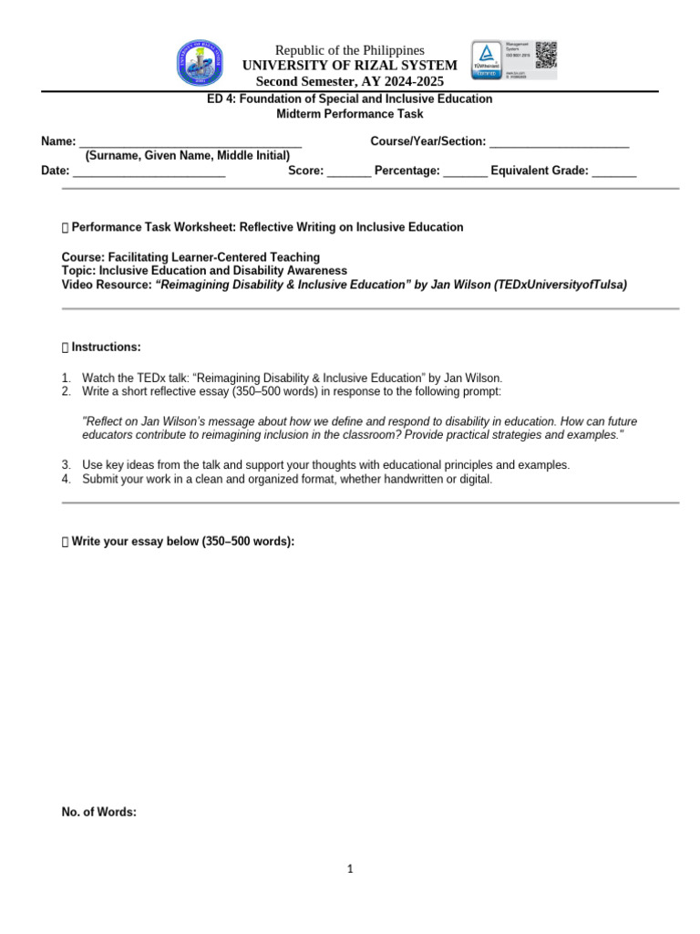 ED 4 FSIE Midterm Performance Task Second Semester AY 2024 2025 Answer ...