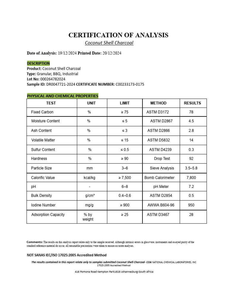 Coconut Shell Charcoal Analysis Report | PDF | Physical Sciences ...