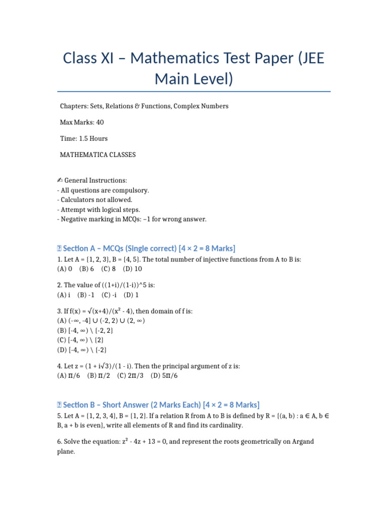 JEE Main Level Math Test Paper | PDF