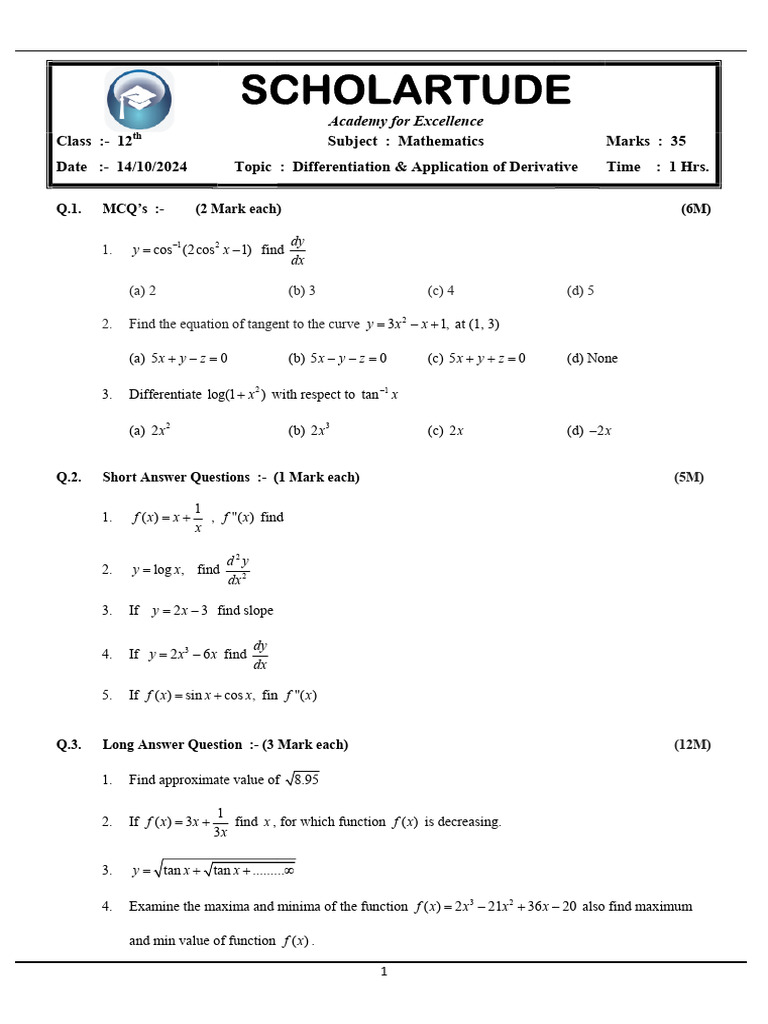 12th Grade Math: Differentiation Exam | PDF | Derivative | Physics
