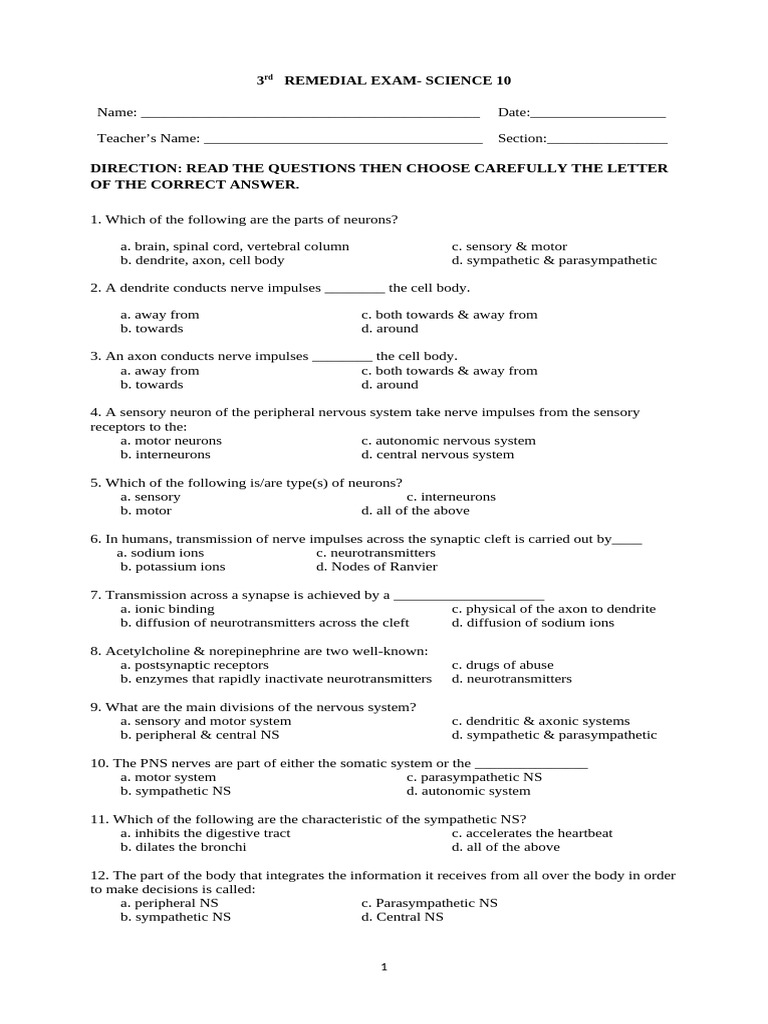Science 10 Remedial Exam Questions | PDF | Dna | Motor Neuron