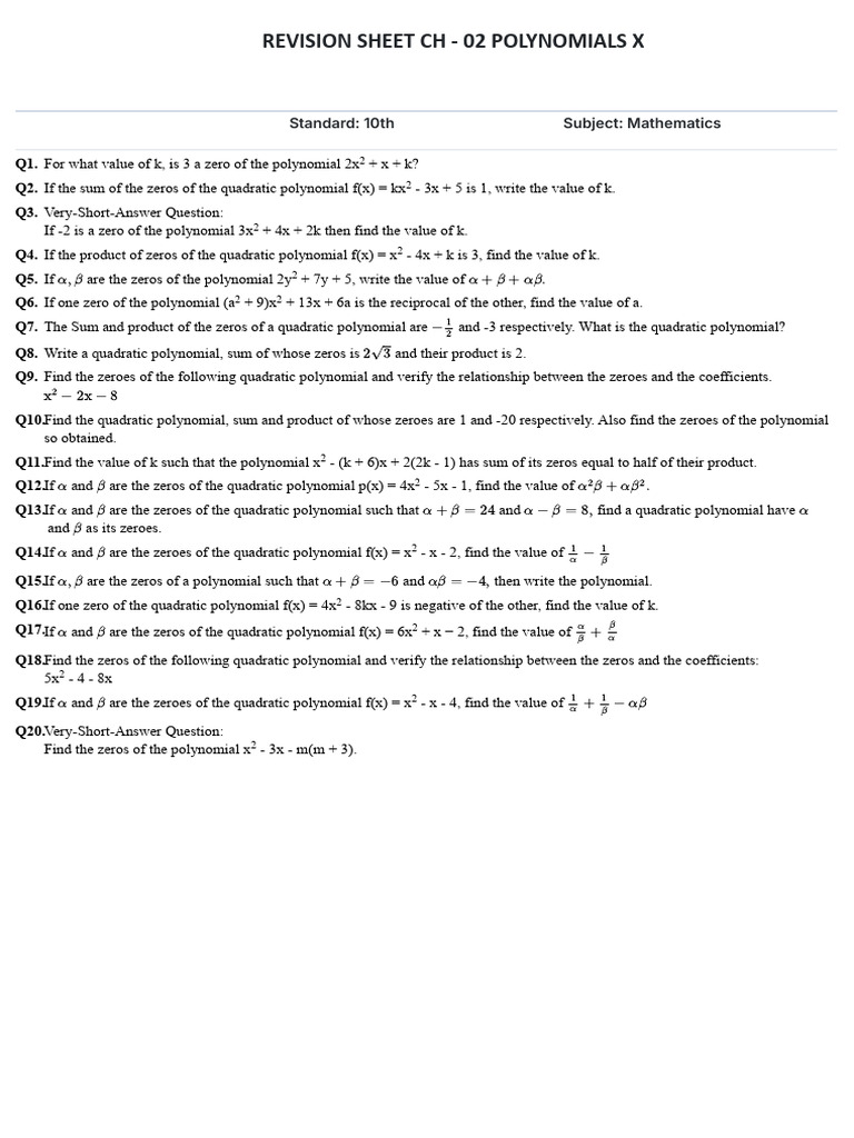 Revision Sheet CH - 02 Polynomials X | PDF | Polynomial | Zero Of A Function