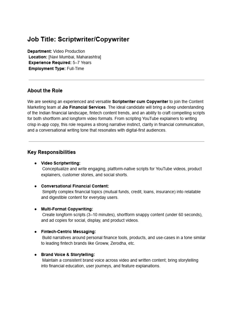Scriptwriter For JFS (5-7 Years) | PDF | Copywriting | Communication