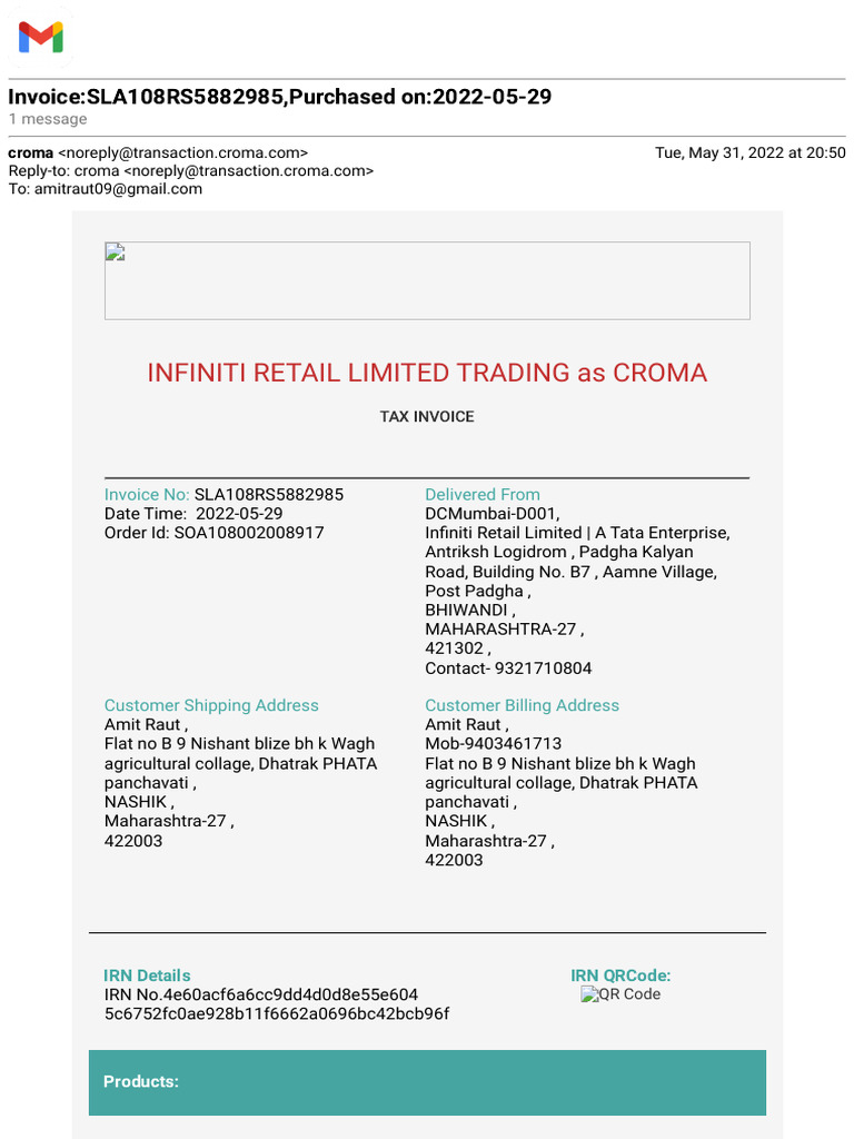 Gmail - Invoice - SLA108RS5882985, Purchased On - 2022!05!29 | PDF ...