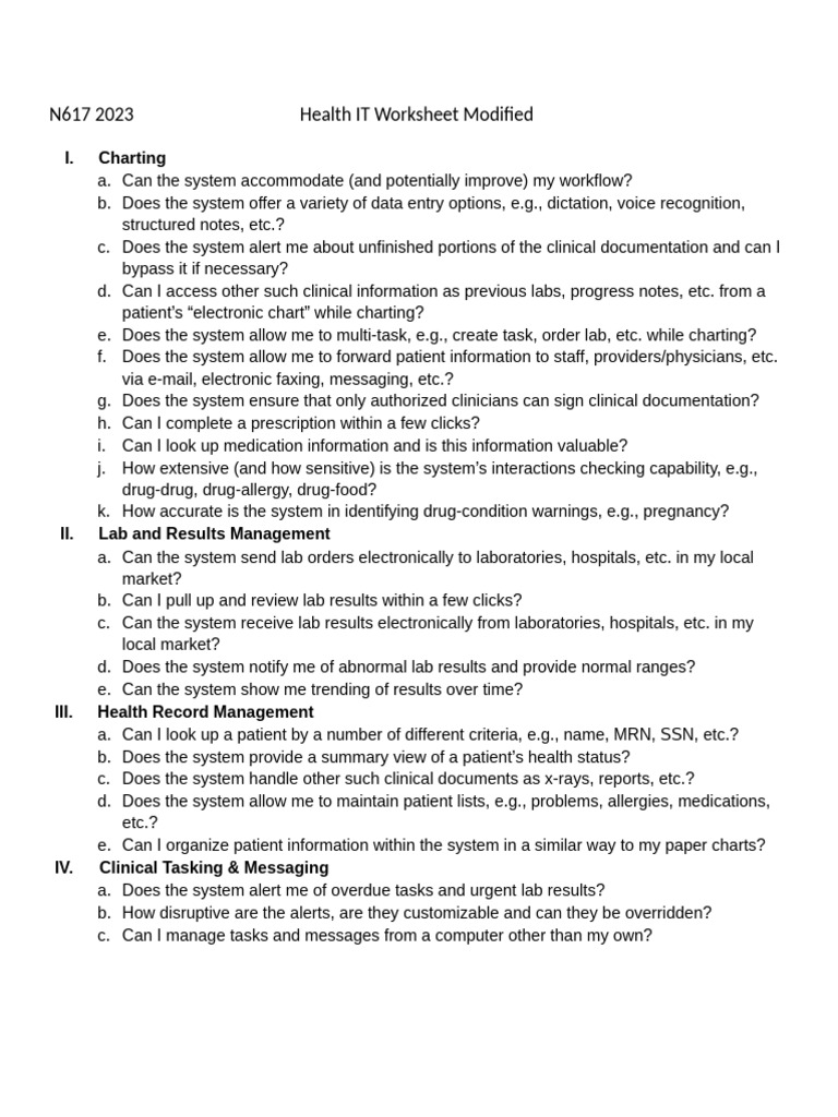 N617 2023 Health IT Worksheet Modified: I. Charting | PDF | Information ...