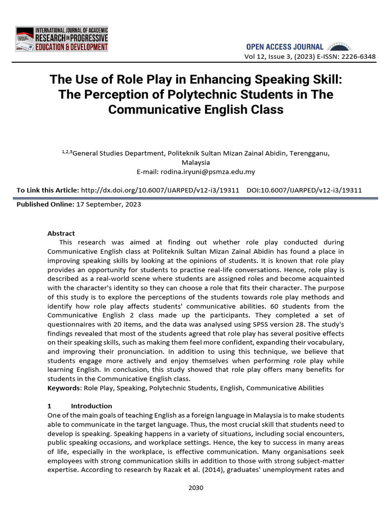 The Use of Role Play in Enhancing Speaking Skill: The Perception of ...