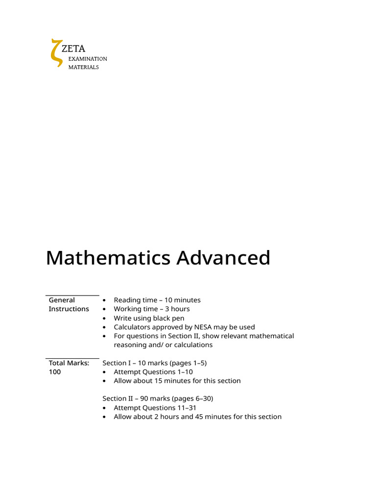 2024 Zeta Advanced Math Paper | PDF | Function (Mathematics) | Variance