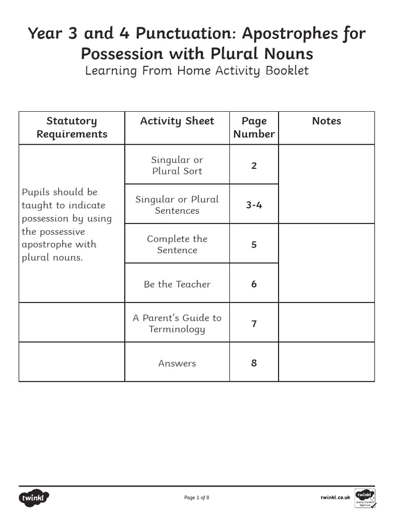 t2 e 2419 Year 3 and 4 Apostrophes for Possession With Plural Nouns ...