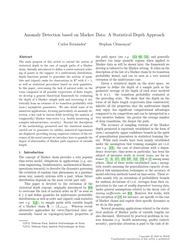 A Statistical Depth Approach For Anomaly Detection Based On Markov Data ...