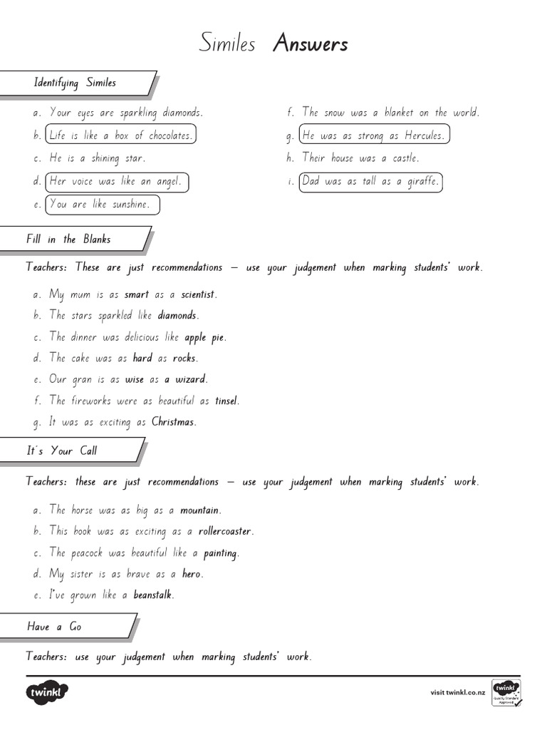 Similes Answers | PDF