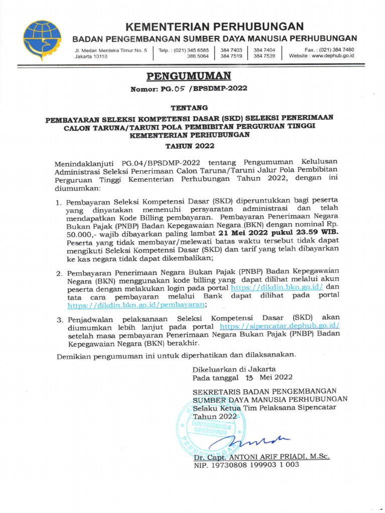 Pg.05-Pengumuman Pembayaran SKD Seleksi Penerimaan Calon Taruna Taruni ...