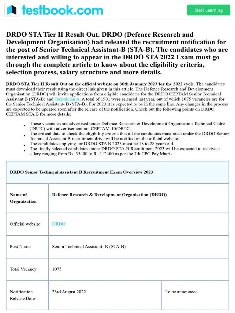 Drdo Sta B 2023exam Info | PDF