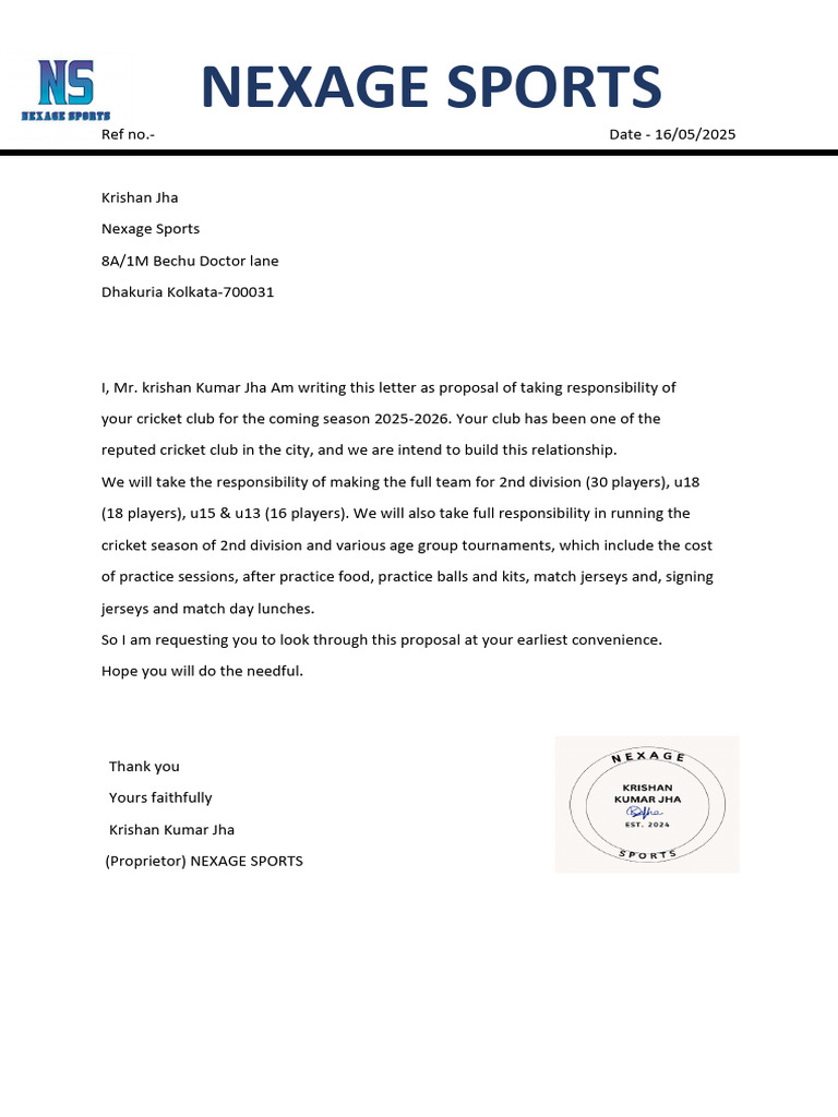 Proposal for Cricket Club Management | PDF