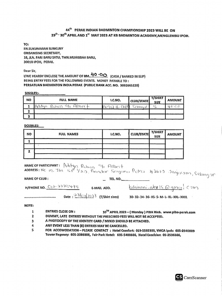Aditya Badminton Form | PDF