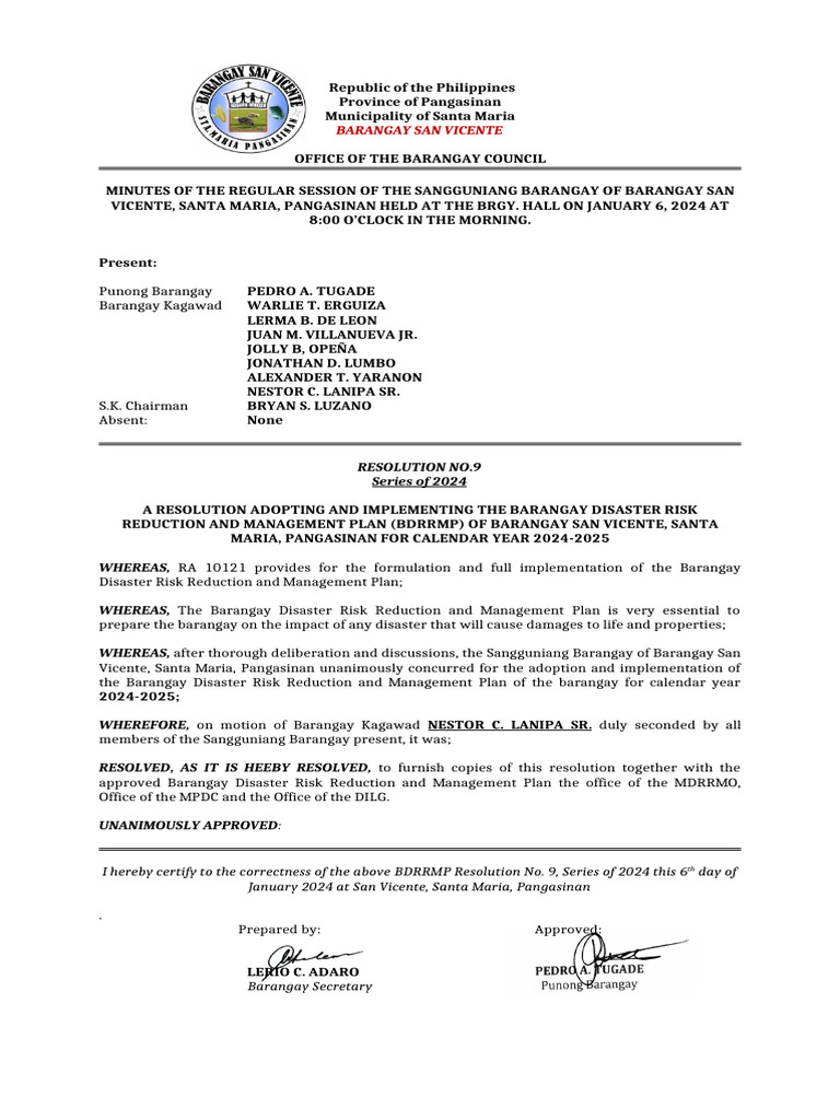 Reso Adopting BDRRMP 2024 | PDF