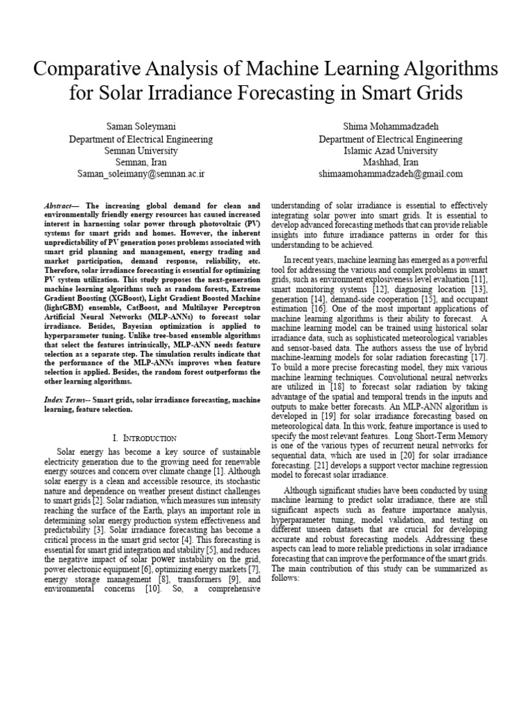 Comparative Analysis of Machine Learning for Solar Irradiance Forecasting in Smart Grids | PDF ...