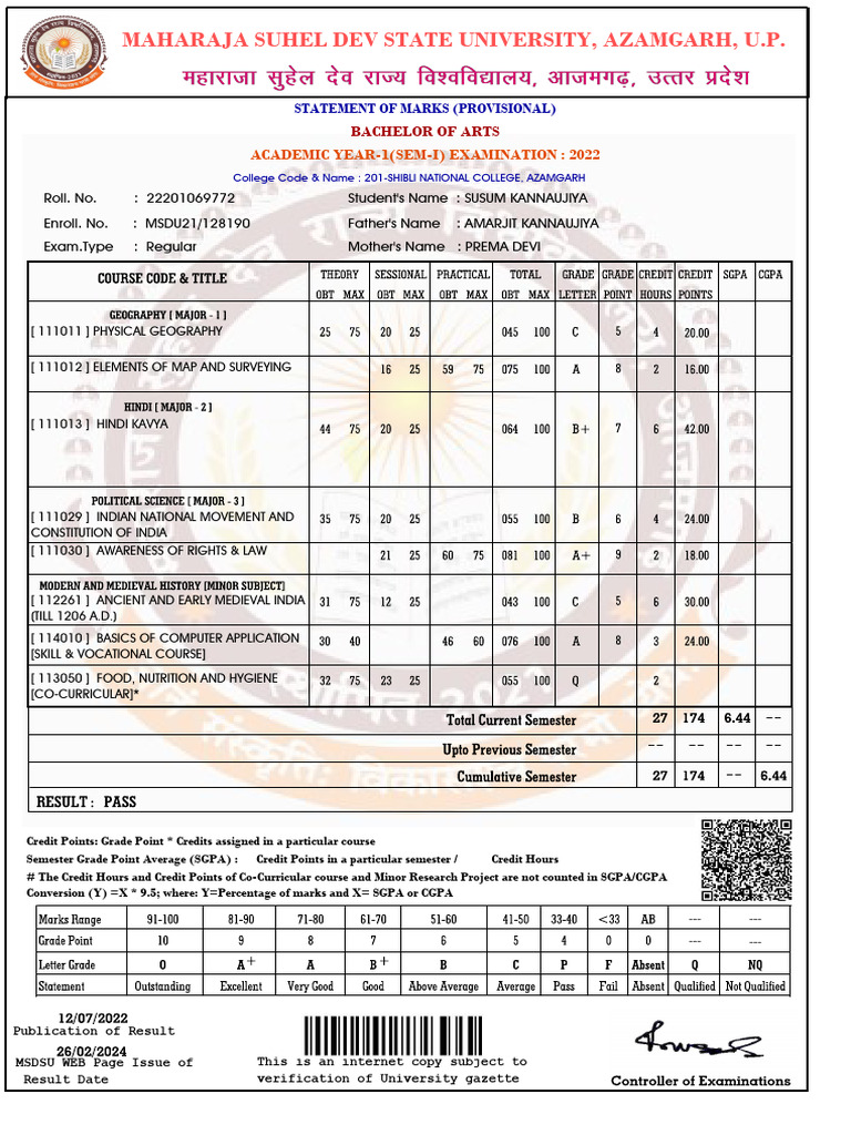 Maharaja Suhel Dev State University, Azamgarh, U.P.: Academic Year-1 ...