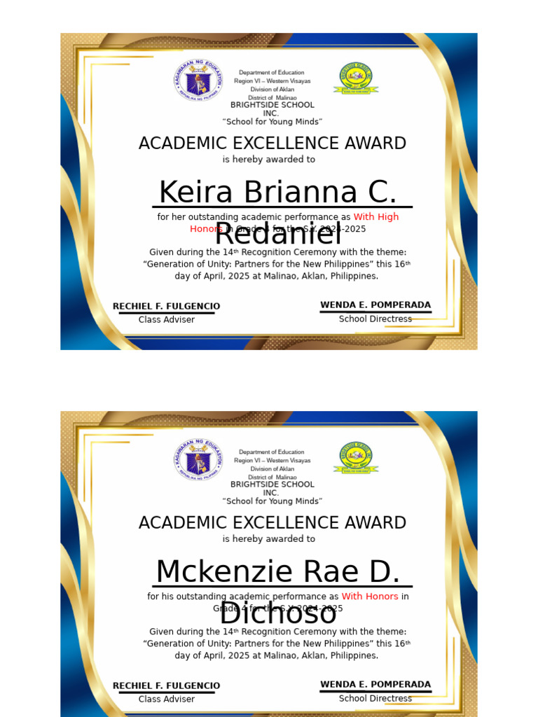 ACADEMIC EXCELLENCE AWARDS Certificate | PDF | Educational Stages ...
