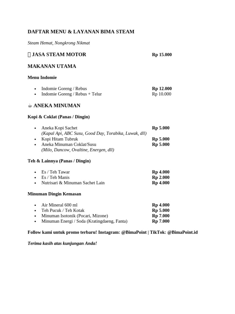 Menu dan Layanan Bima Steam | PDF
