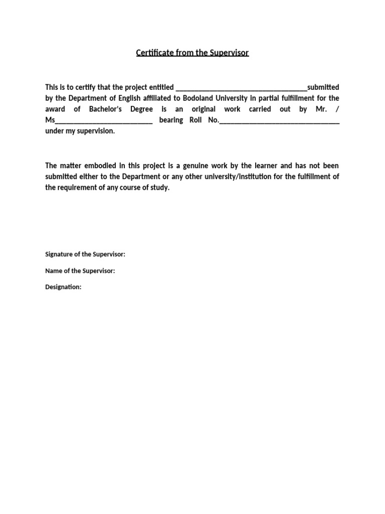 Supervisor Certificate for Project | PDF