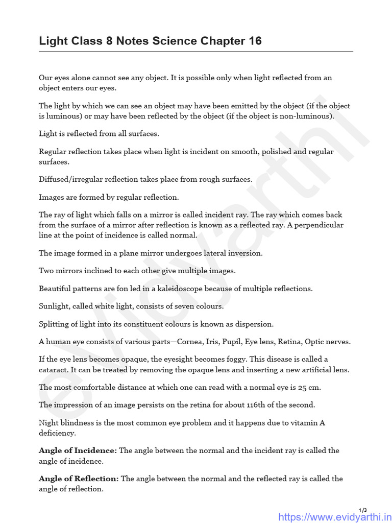 Light Reflection and Eye Anatomy Notes | PDF | Reflection (Physics) | Eye
