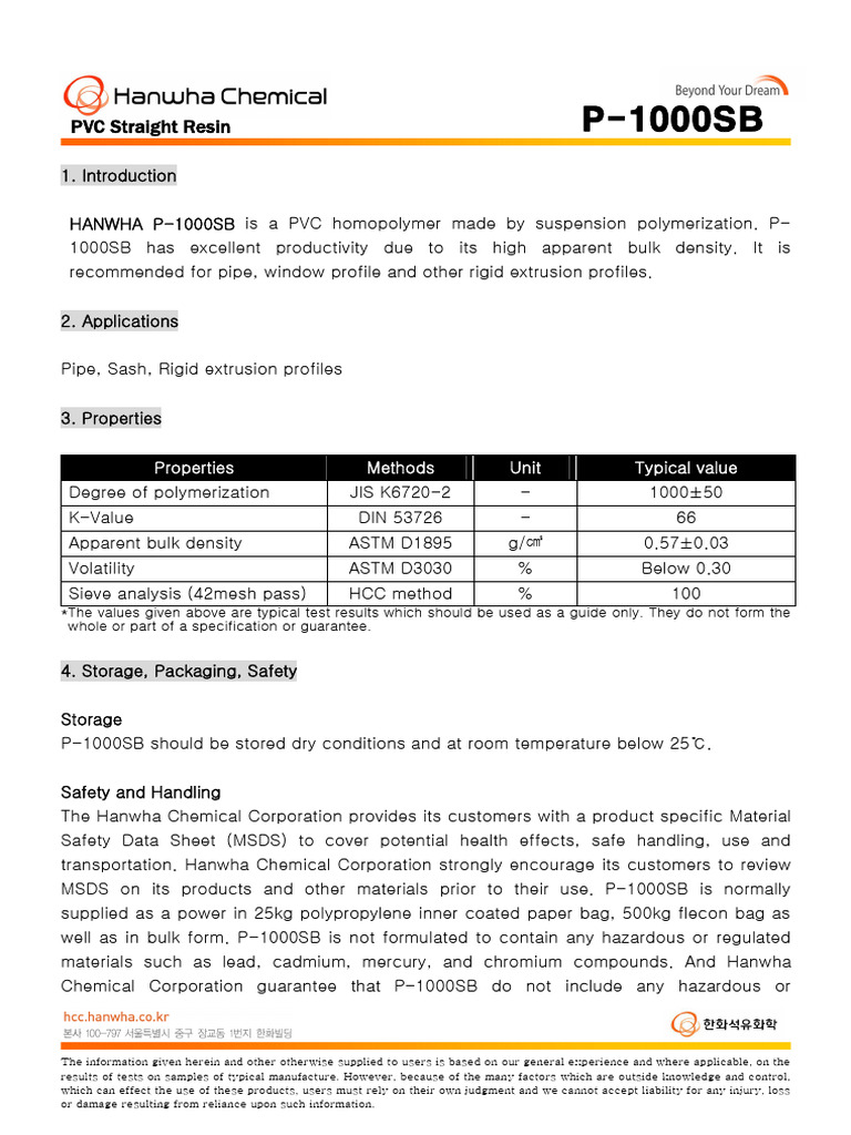 Hanwha P-1000SB PVC Resin Overview | PDF | Polyvinyl Chloride | Materials