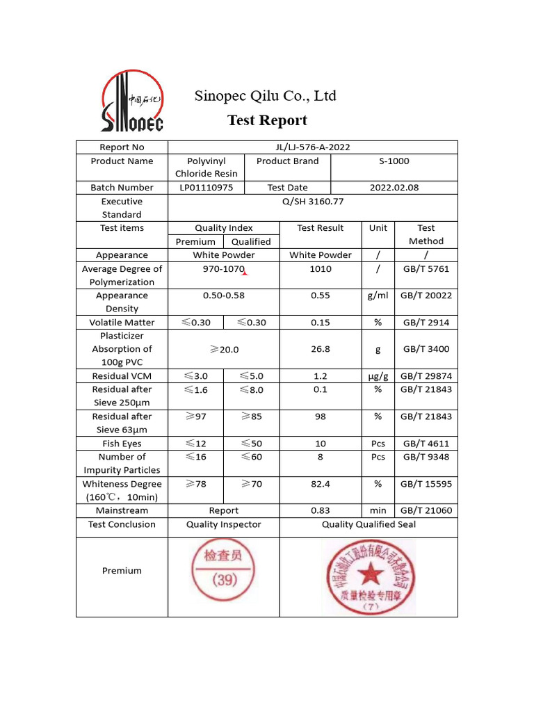 Sinopec PVC - S-1000, K-65-67 | PDF