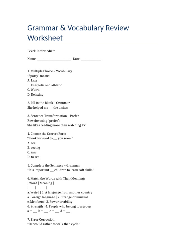 Intermediate Grammar & Vocabulary Worksheet | PDF | Syntax | Grammar