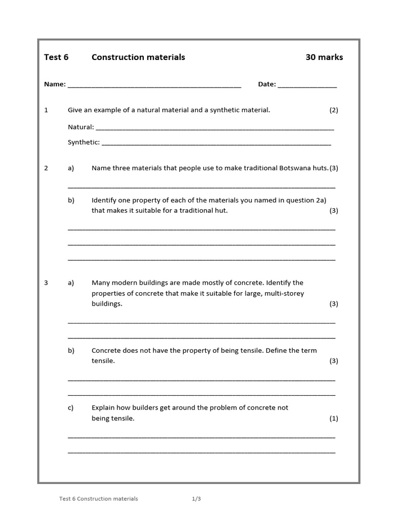 Construction Materials Test Questions | PDF | Building Materials ...