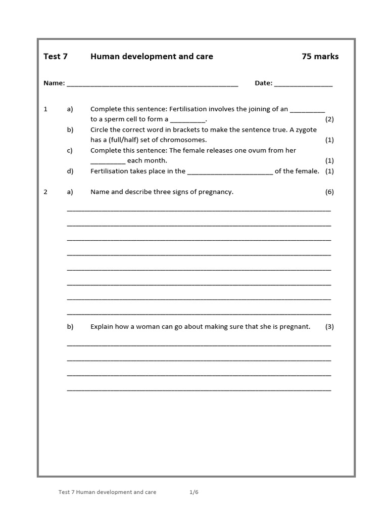 Human Development Unit Test | PDF | Fertilisation | Pregnancy