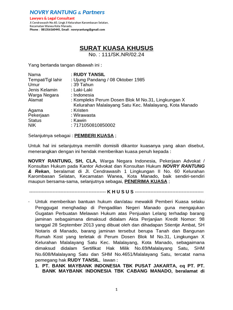 Surat Kuasa Khusus Rudy Tansil | PDF