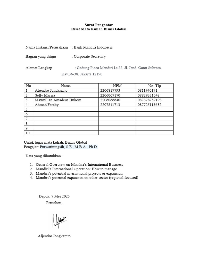 Surat Pengantar Riset Mata Kuliah - Bisnis Global | PDF