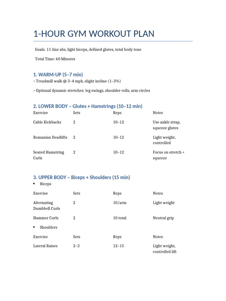 1-Hour Gym Workout Plan | PDF