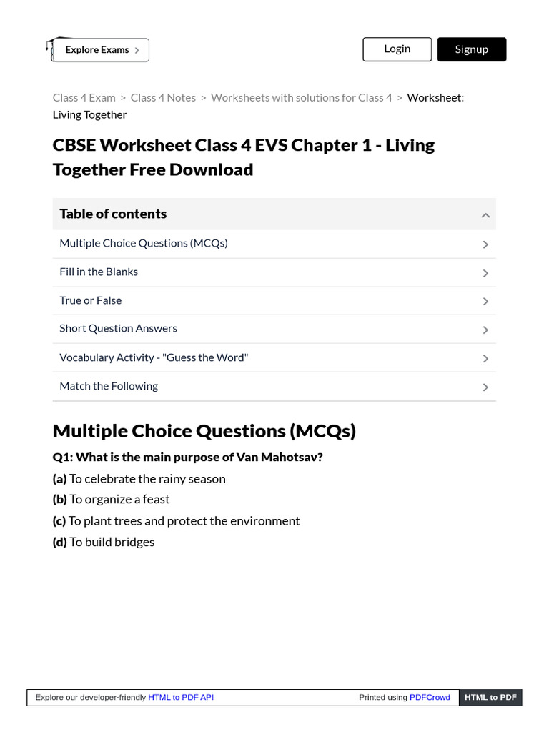 Class 4 EVS Worksheet: Living Together | PDF | Multiple Choice | Worksheet