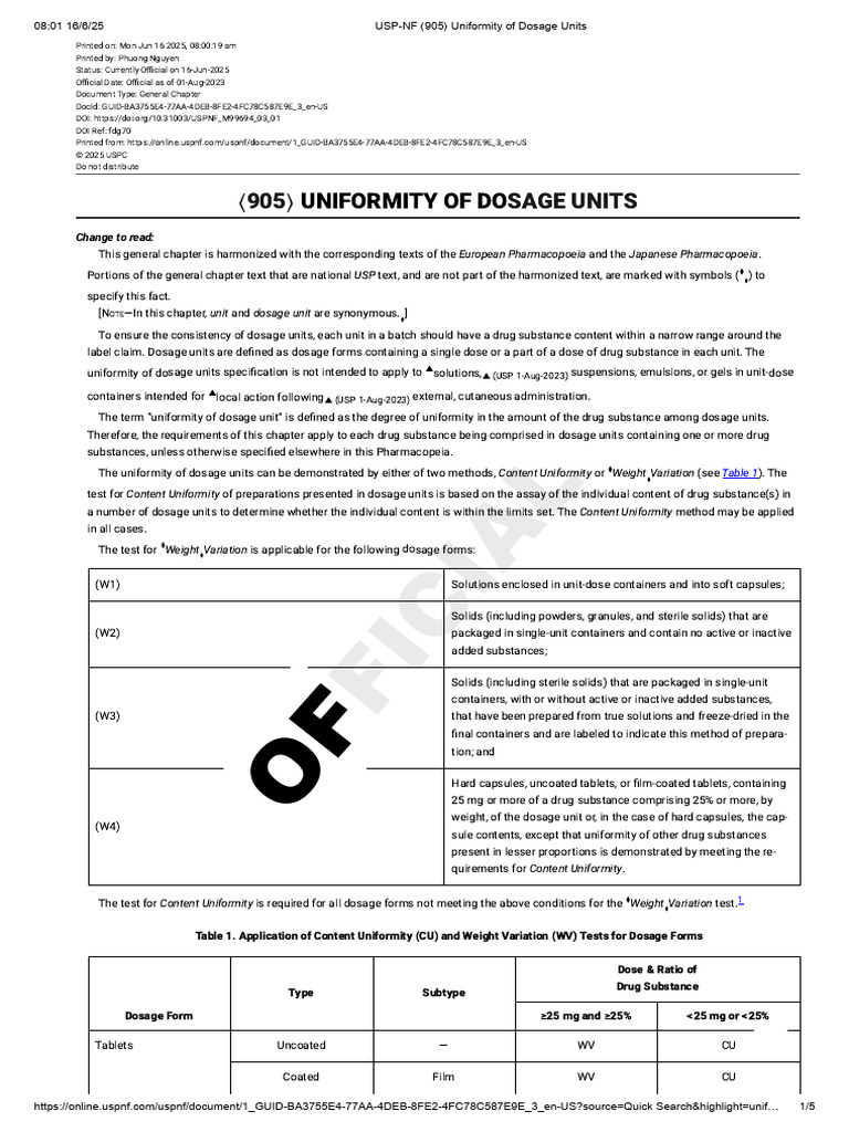 USP 905: Dosage Unit Uniformity Standards | PDF | Tablet (Pharmacy ...