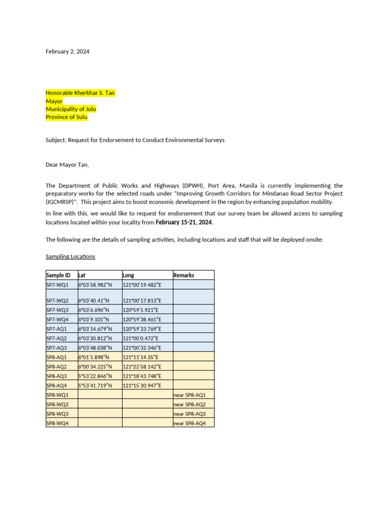 Letter To Mayor For The Conduct of Envi Samplings - SP7 and SP8 - Draft ...