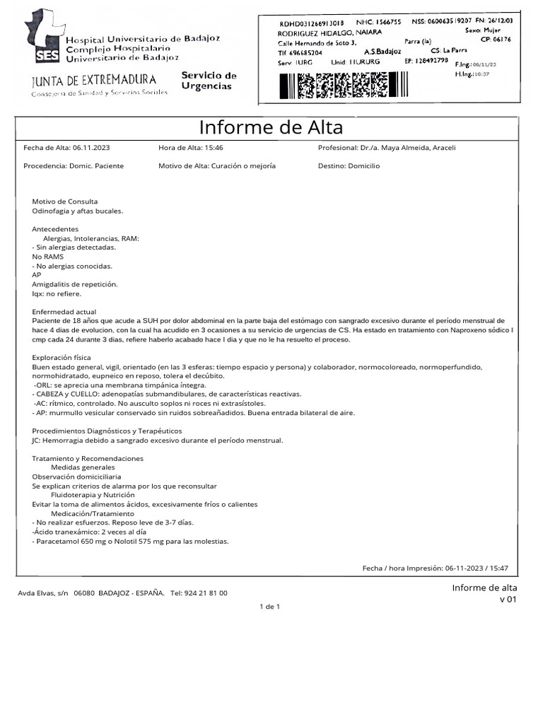 Informe de Alta: Profesional: Dr./a. Maya Almeida, Araceli Destino ...