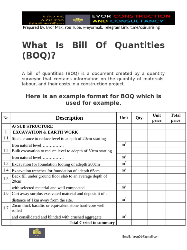 Understanding Bill of Quantities (BOQ) | PDF