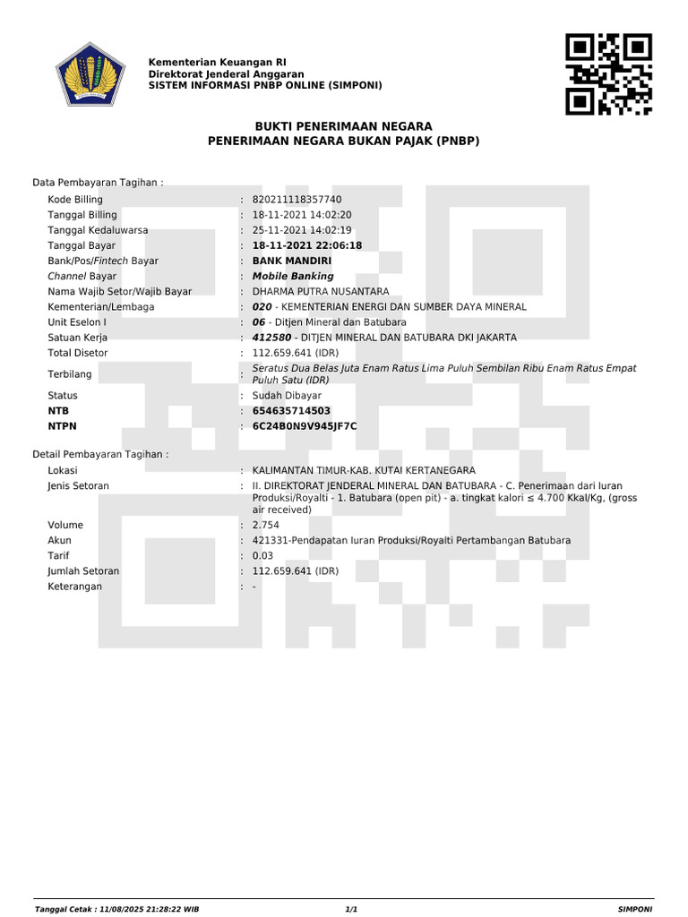 Rekap Billing Final Moms Cv Dpn Tahun 2021 | PDF