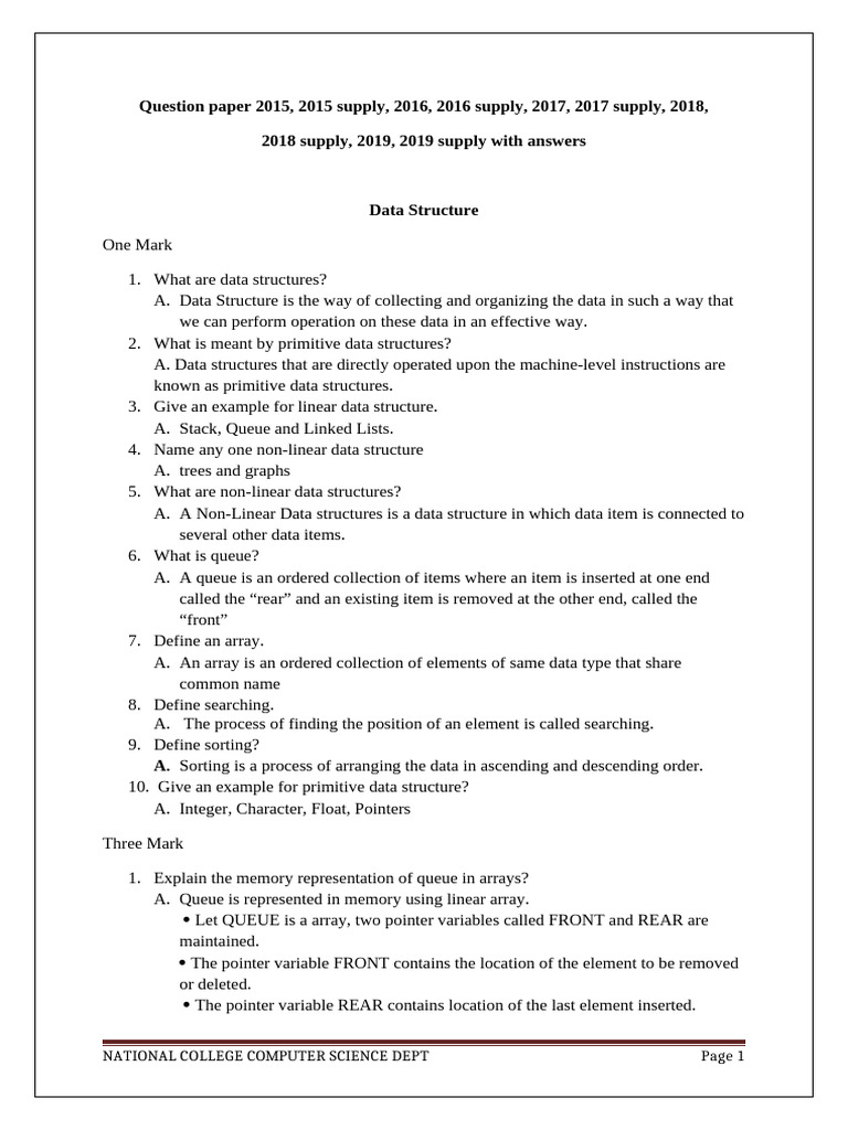 Data Structures in DBMS Exam Questions | PDF | Queue (Abstract Data ...
