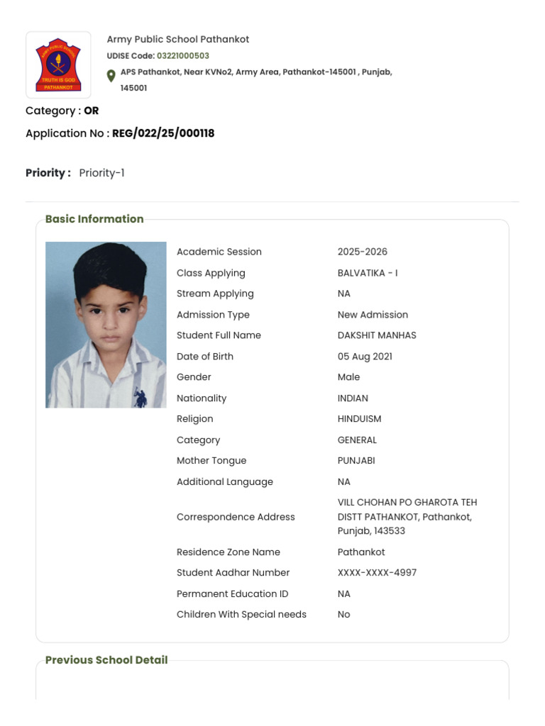 APS Pathankot Admission Form 2025-26 | PDF