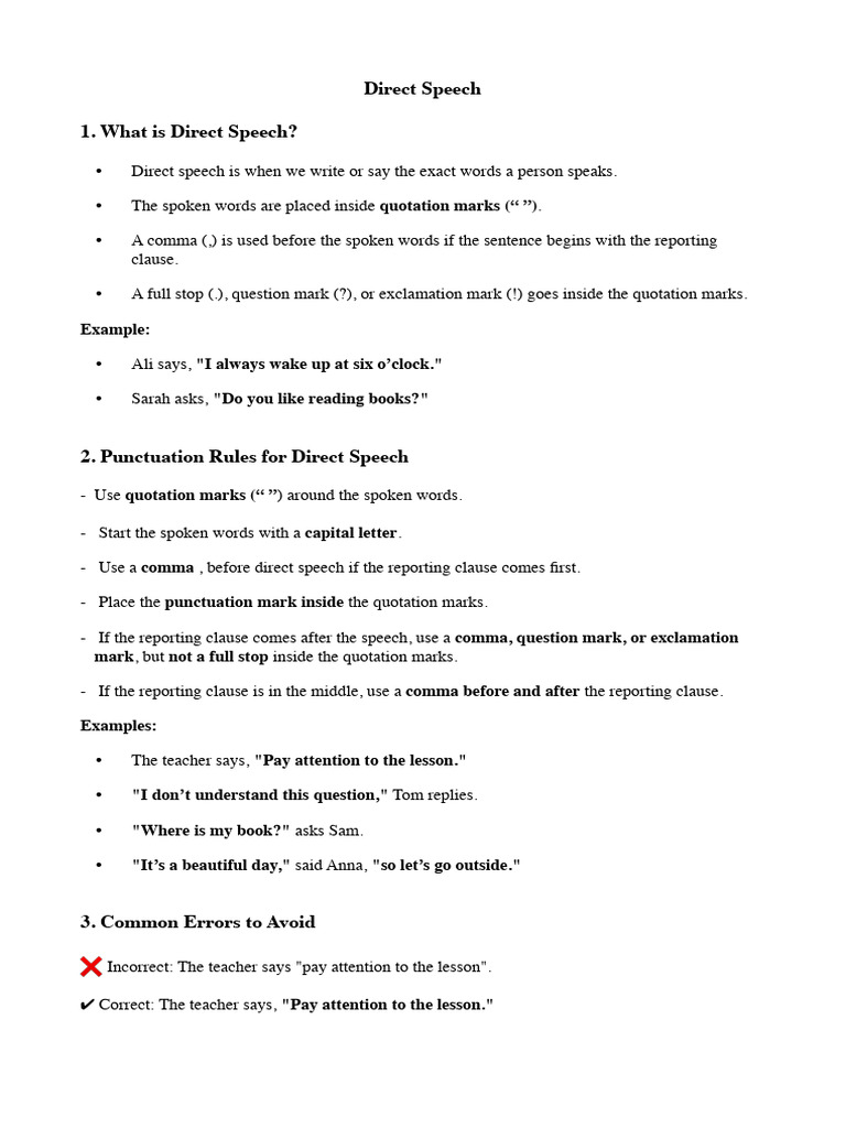 Direct Speech Punctuation Guide | PDF