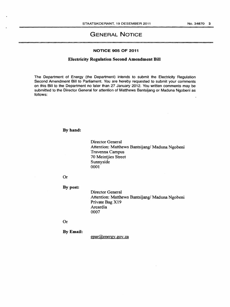 Electricity Regulation Amendment Bill 2011 | PDF | License | Electric ...