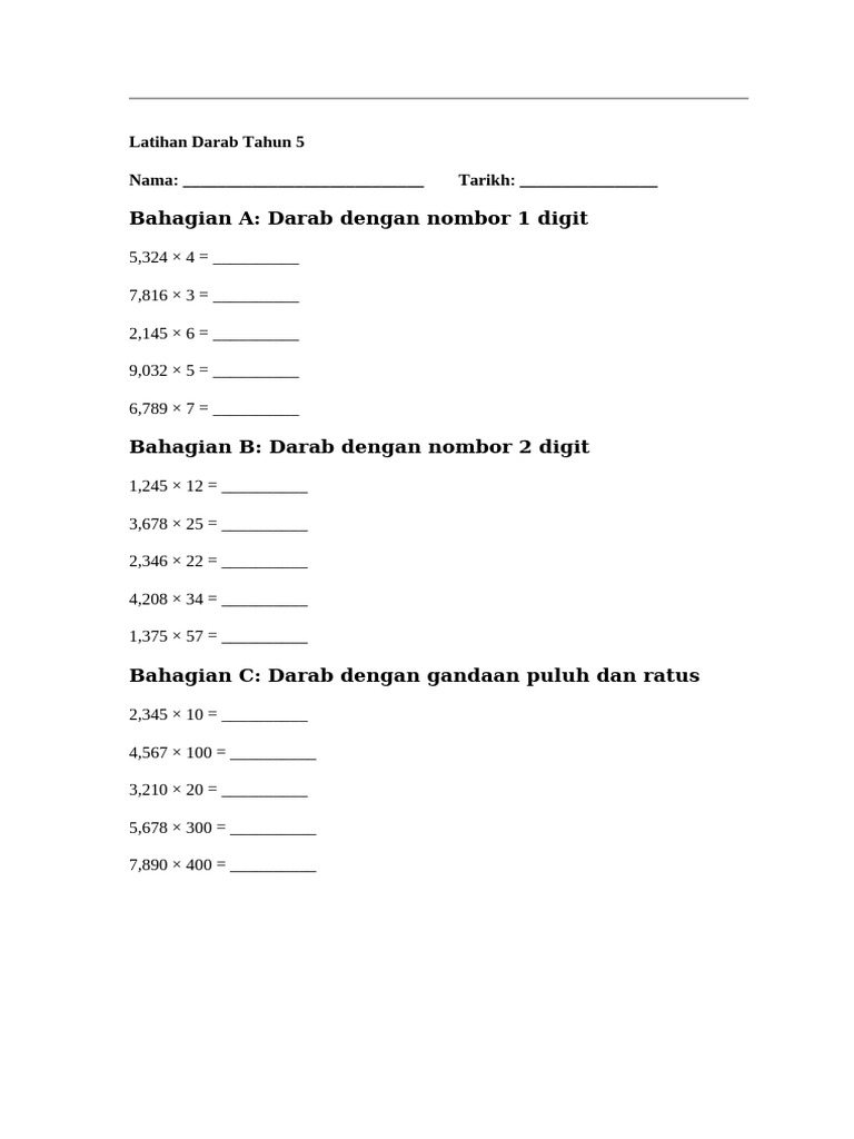 Soalan Matematik Darab Tahun 5 | PDF