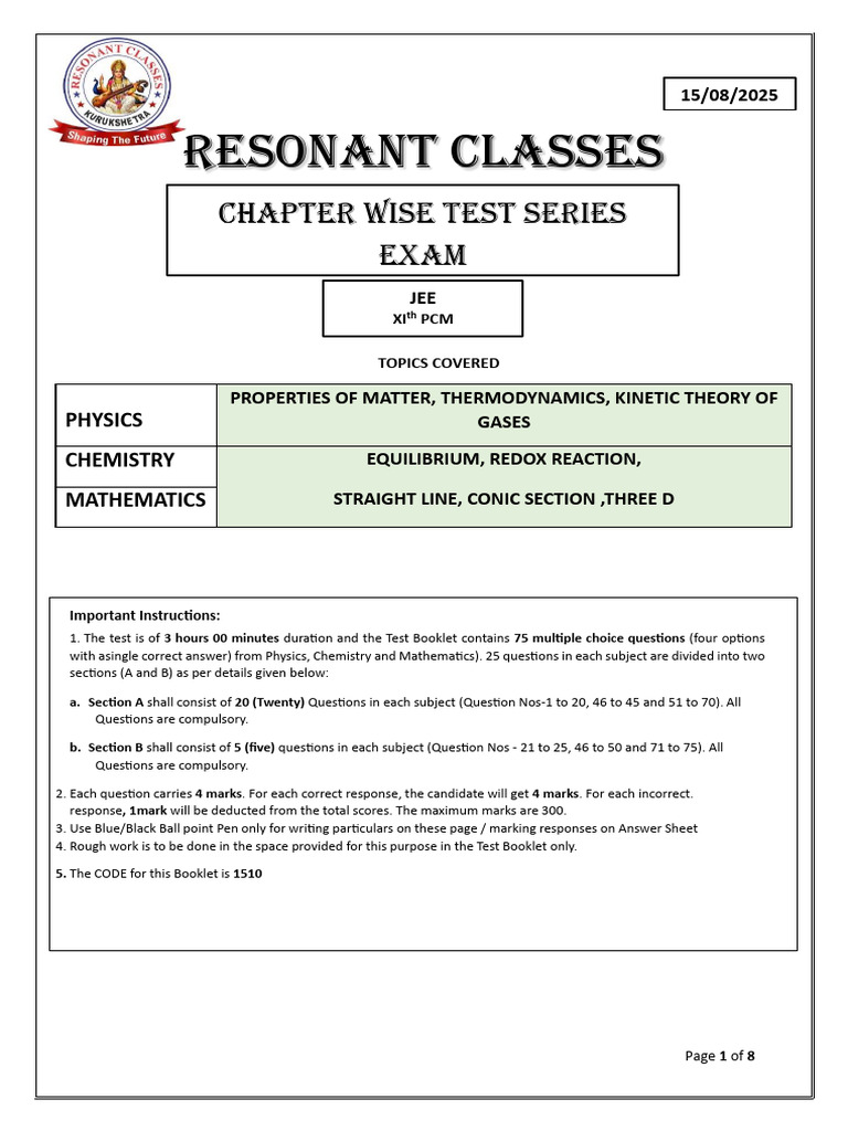 JEE XI PCM Chapter-wise Test Series | PDF | Gases | Temperature